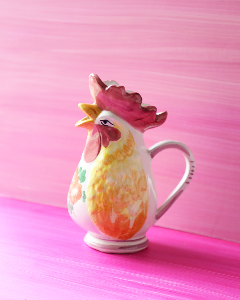 Vintage Colorful Rooster Pitcher – Drinking with Chickens