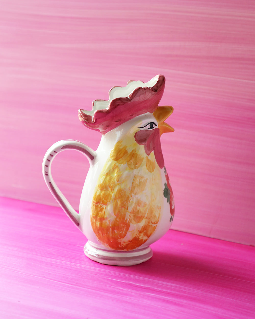 Vintage Colorful Rooster Pitcher – Drinking with Chickens