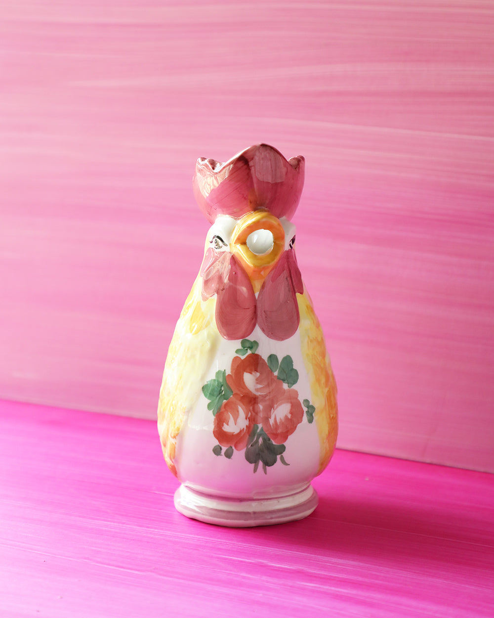 Vintage Colorful Rooster Pitcher – Drinking with Chickens